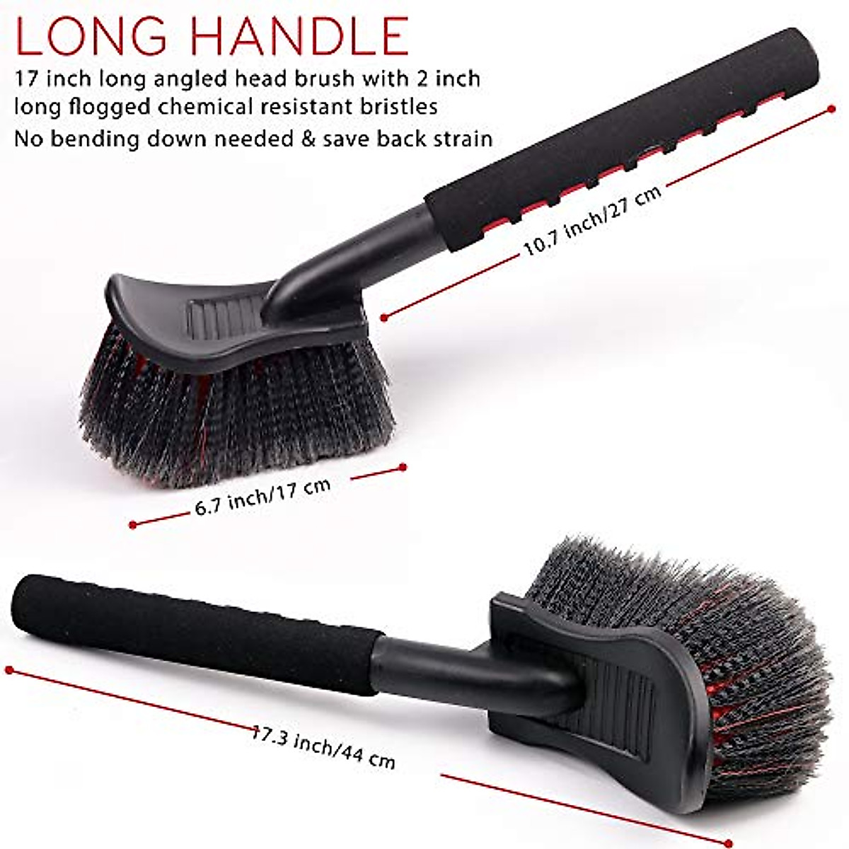 TAKAVU Long Handle Wheel Tire Body Brush, 17.5” Car Wash Brush for Easy Scrubbing, Durable Premium Soft Bristle, Cleans Dirty Tires & Releases Dirt and Road Grime