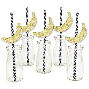 Gold Glitter Banana Party Straws - No-Mess Real Gold Glitter Cut-Outs and Decorative Tropical Party Paper Straws - Set of 24