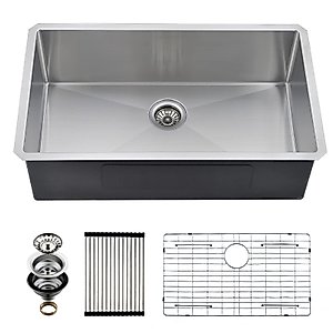 EcoChannels Undermount Kitchen Sink, 32 x 19 Inch Sink Kitchen 16 Gauge Stainless Steel Large Kitchen Sinks Single Bowl