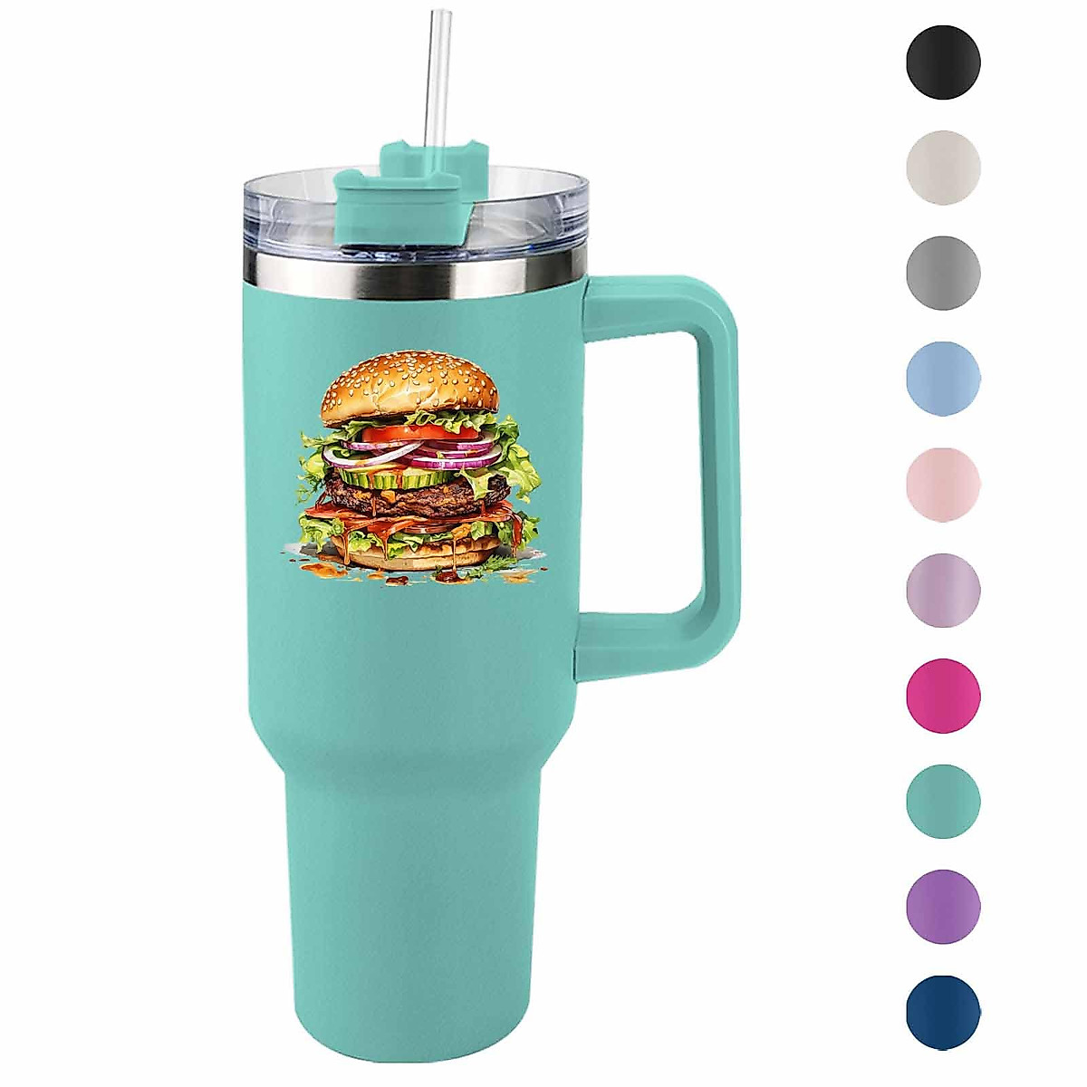 40 Oz Insulated Tumbler with Handle and Straw,Classical Beef Burgers Stainless Steel Vacuum Insulated Travel Mug,Leak-proof Water Bottle Iced Coffee Cup,Western Cuisine Vegetable
