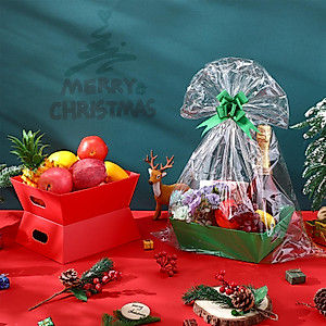 Wonderjune 12 Pack Christmas Basket for Gifts Empty Bulk 9.8 x 8.3'' Red Green Cardboard Basket to Fill with Handle Shrink Wrap Bags,Pull Bows,Raffle Gift Basket for Holiday Christmas Decorations