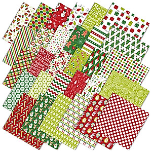 JarThenaAMCS 60Pcs Christmas Cotton Fabric Bundles 10 x 10 Inch Xmas Tree Snowflake Santa Gingerbread Fat Quarters Red Green White Sewing Fabrics for Xmas Winter DIY Craft Party Decor