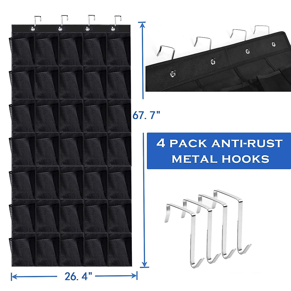 VEEBELL 35 Pocket Over The Door Shoe Organizer, Door Hanging Storage Shoe Holder Rack for Large Capacity Shoe Organizer for Men and Women Kids Closet Bedroom Bathroom (Black)