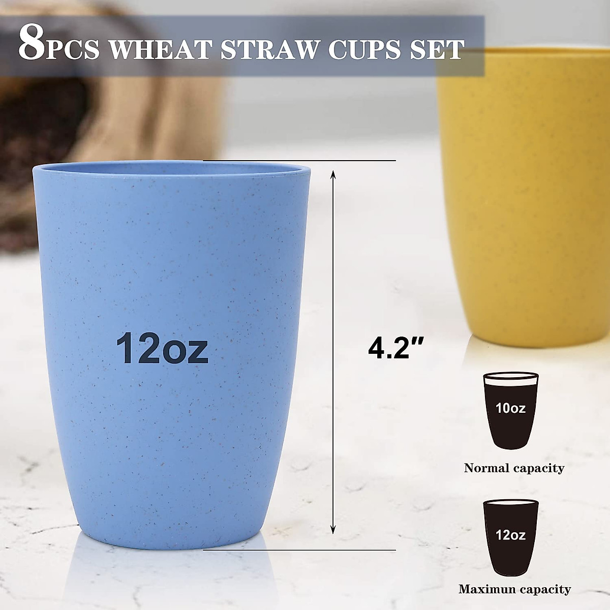 Homienly Wheat Straw Cups 8 PCS Plastic Cups Unbreakable Drinking Cup Reusable Dishwasher Safe Water Glasses with 4 Colors (12 OZ)