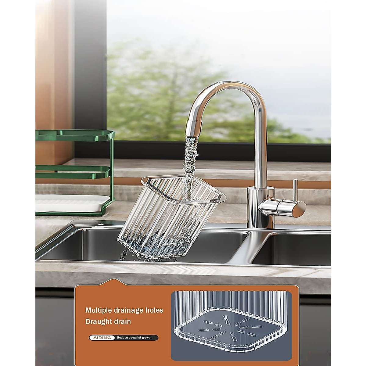 FEIJSQIU Utensil Holder with 2 Compartments Cooking Utensil Holder for Cooking Tools Storage and Utensil Organizer Utensil Drying Rack has Tray at Bottom for Easy Drainage.Clean Easy (Green)