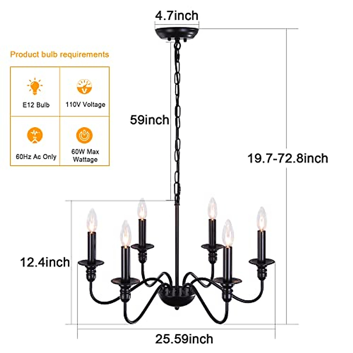 Black Chandelier, TMMAYSUN 6-Light Farmhouse Candle Hanging Light Fixture, Adjustable Height Rustic Chandeliers Pendant Lights Matte Black Chandelier for Dining Room Living Room Bedroom Kitchen Island