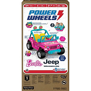 Fisher-Price Power Wheels Battery Powered Barbie Jeep Wrangler Car with Steering Wheel, Music Playing Radio, Roll Bar, and Power Lock Brakes