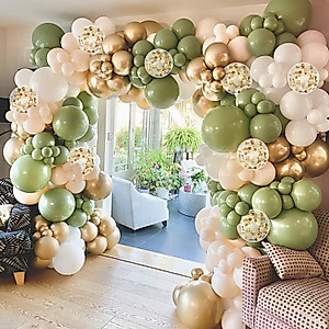 Sage Balloon Garland Arch Kit,134 pcs Sage Green Sand White Metallic Gold Matte White Confetti Latex Balloons for Baby Shower Bridal Shower Bachelor Party Wedding Birthday Party Decorations…