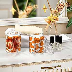 Sletend 2 Pack Plastic Qtips Holder Cow Print Orange Bathroom Organizer Canisters for Cotton Balls/Swabs/Pads/Floss,Plastic Apothecary Jars for Vanity