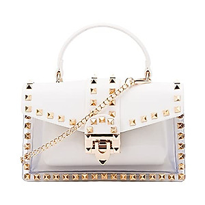 Olivia Miller Women's Fashion, Heather White Studded PVC Jelly Crossbody Bag w Detachable Chain Strap, Casual Trendy Purse Handbag