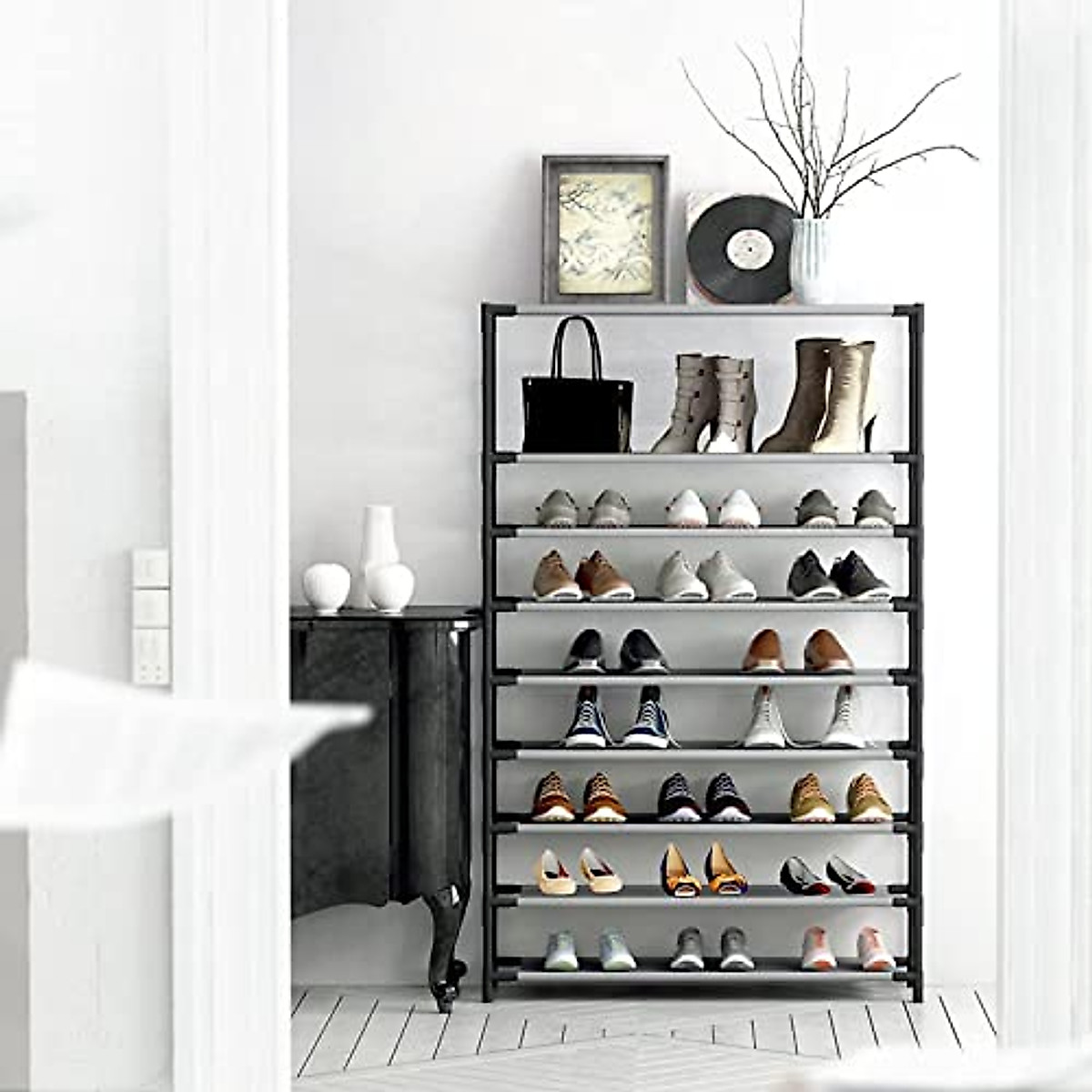 COMHOMA Shoe Rack 10 Tiers Large Shoe Rack Organizer for 50 Pairs Space Saving Shoe Shelf Non-Woven Fabric Shoe Storage Cabinet Adjustable GRAY