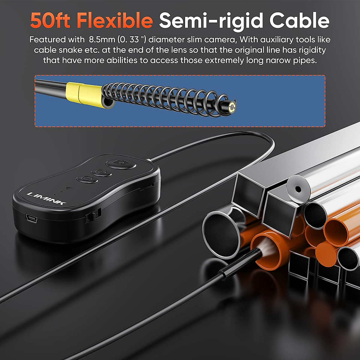 Wireless Endoscope, LIMINK 50Ft Snake Camera, Inspection Camera with Ip67 Waterproof, WiFi borescopes 2.0 MP HD Drain Camera for Android and iOS Smartphone, iPhone, iPad, Samsung -Black(50FT)