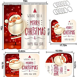 Christmas Shower Curtain Set 4PC with Christmas Shower Curtain with Toilet Lid Cover and Bath Mat, Santa Claus with Big Signboard Christmas Bathroom Set Winter Holiday Home Decor