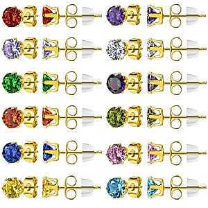 TIYAMILA Gold Plated Birthstone Stud Earrings 316L Stainless Steel CZ Stud Earrings for Women, Coloful Round Cubic Zirconia Stud Earrings, CZ Earrings Set 4mm, 5mm, 6mm, 7mm With Gift Box - 6MM