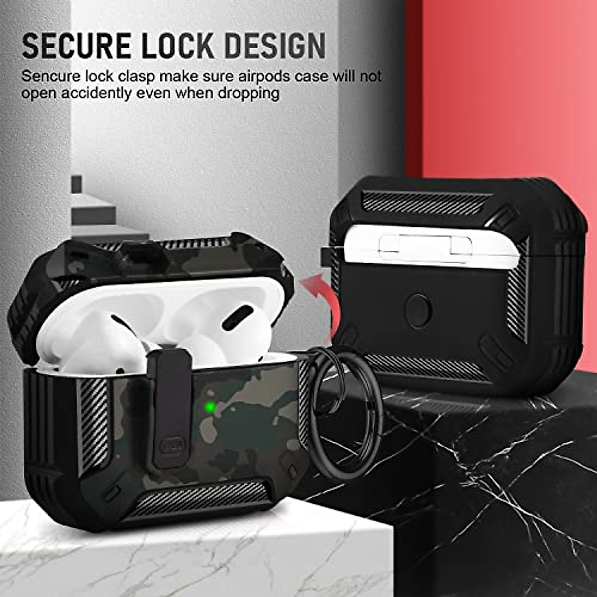 Youskin Airpod Pro 2nd Generation Case Secure Lock Clip Case,Carbon Fiber Military Armor Series Full-Body Rugged Hard Shell Airpod Pro 2 Case for Men Women with Keychain,Green Camo