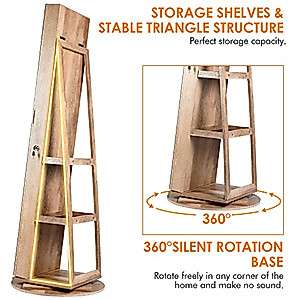 Vlsrka LED Light Jewelry Cabinet with Full Length Mirror 360° Swivel, Large Jewelry Organizer Armoire Lockable Free Standing Mirror with Jewelry Storage, Inside Makeup Mirror, Foldable Makeup Shelf