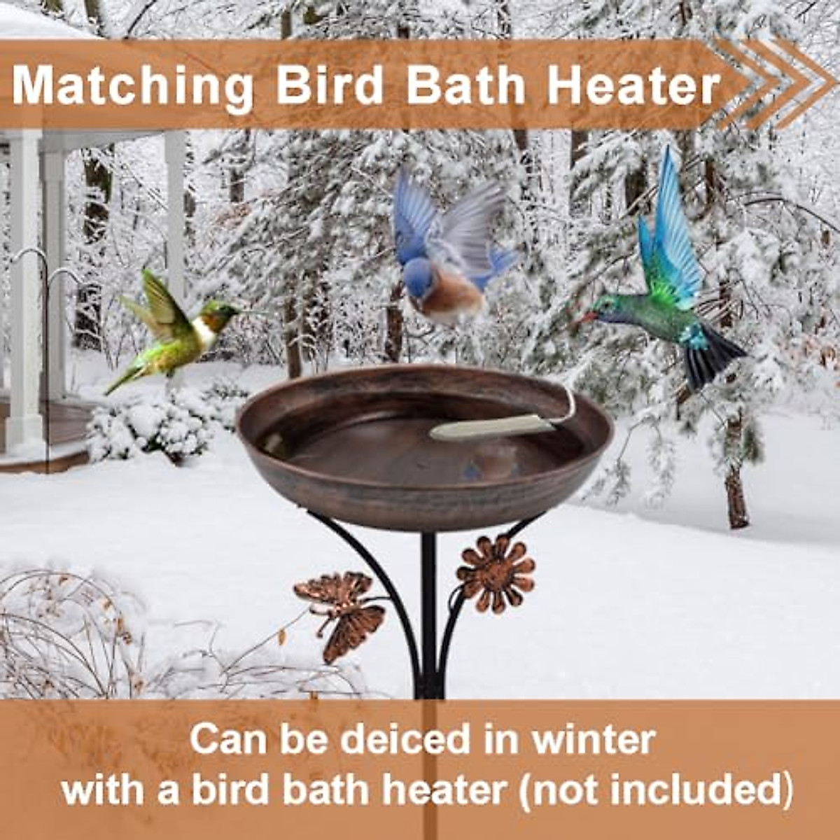 OUISJYER Metal Bird Baths for Outdoors, 12" Dia Bowl with Stake Birdbaths Garden Yard Lawn Decor Brown