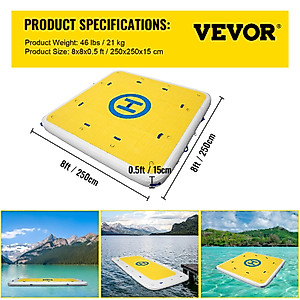 VEVOR Inflatable Dock Floating Platform, 8 x 8 ft, 3-5 Person Capacity, 6 inches Thick, Swim Dock with Hand Pump, Electric Air Pump & Storage Bag, Drop Stitch PVC Non-Slip Raft for Pool Beach Ocean