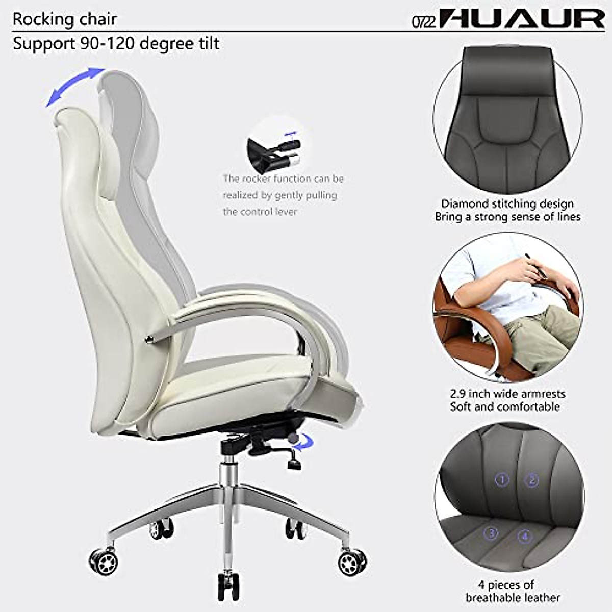 HUAUR High-Back Ergonomic Executive Chair-PU Leather Desk Chair,with Breathable Cushion and Lumbar Support,Wide Armrest and Aluminum Alloy Foot,360lb Capacity Swivel Home Office Chair (Beige)