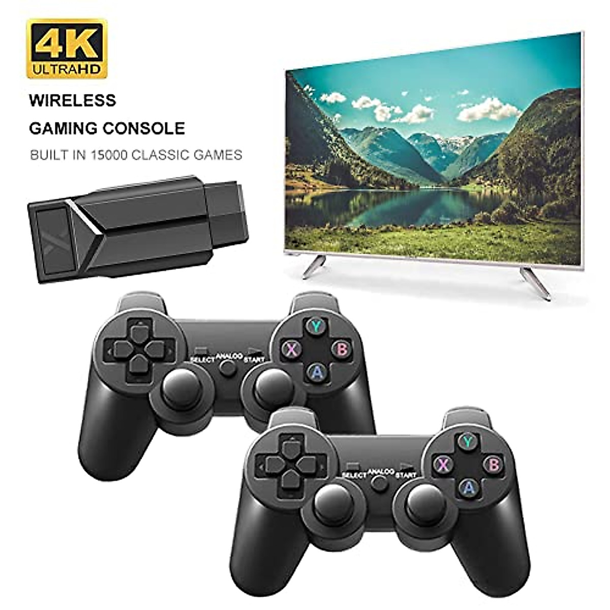 Nostalgia Stick Video Game, Wireless Retro Game Console, Plug and Play Game Console Game Stick Support 4k 10000 Games, HDMI Output, Dual 2.4G Wireless Controllers (D90 64g (15000+ Games))