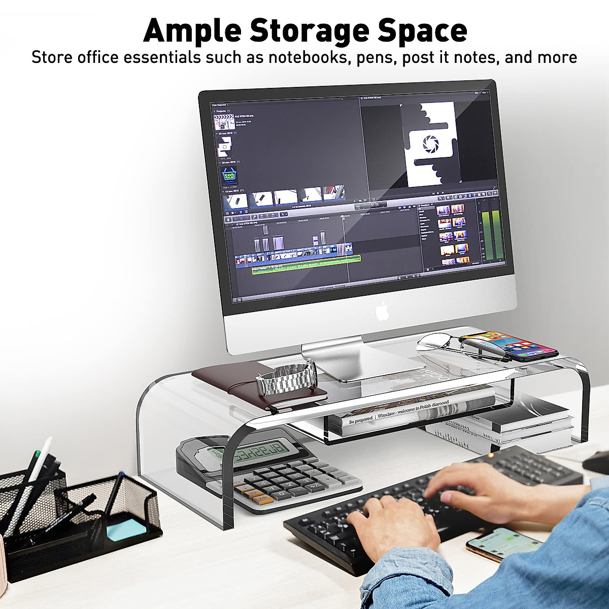 DeskLogics Computer Acrylic Monitor Stand Riser with Storage - Larger Size Single Clear PC Desktop Monitor Holder for Desk, Keyboard Storage, Laptop, TV Screen, Home, Office, Gift Ideas