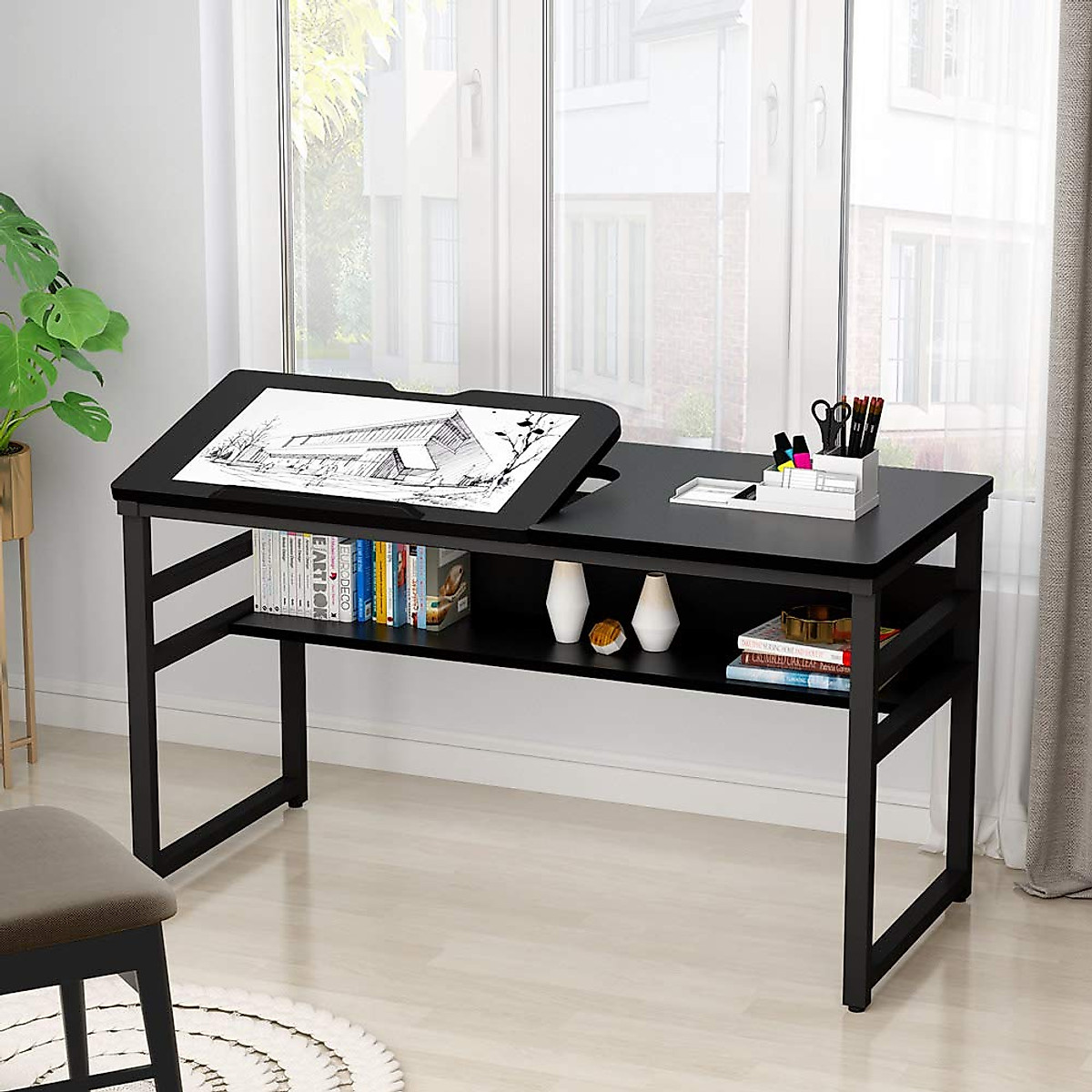 Tribesigns Modern Drafting Desk Drawing Table with Storage Shelf, 55 inch Large Computer Desk Writing Desk Craft Workstation with Tiltable Tabletop for Artist, Home Office (Black)