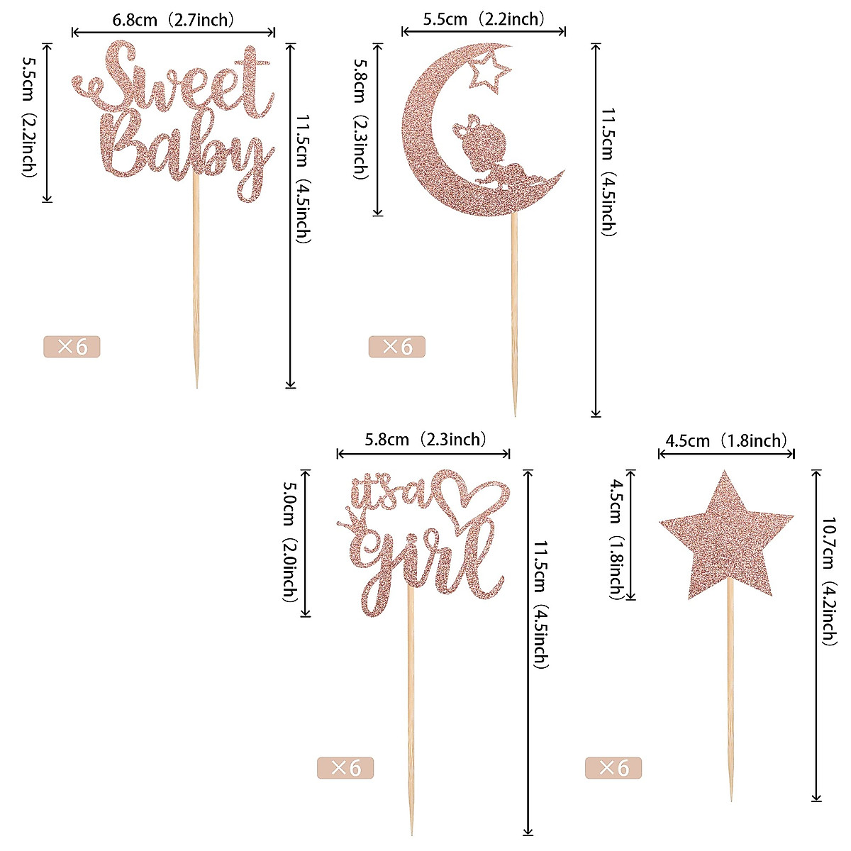 36 PCS Baby Shower Girl Cupcake Toppers with Moon Glitter Star It's a Girl Sweet Baby Gender Reveal Cupcake Picks Baby Shower Kids Girls Birthday Party Cake Decorations Supplies Rose Gold