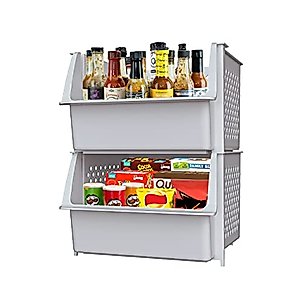 Skywin Plastic Stackable Storage Bins for Pantry - Stackable Bins For Organizing Food, Kitchen, and Bathroom Essentials (Light Grey, 2-Pack)