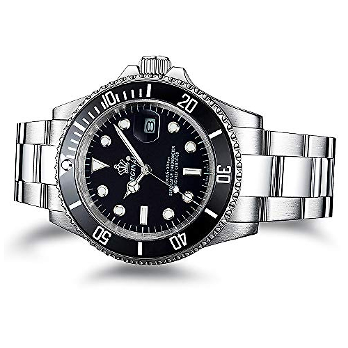 Reginald Men's Watch Luminous Quartz Rotatable Bezel Sapphire Glass Silver Stainless Steel Band and Case Waterproof Sports Black Watch