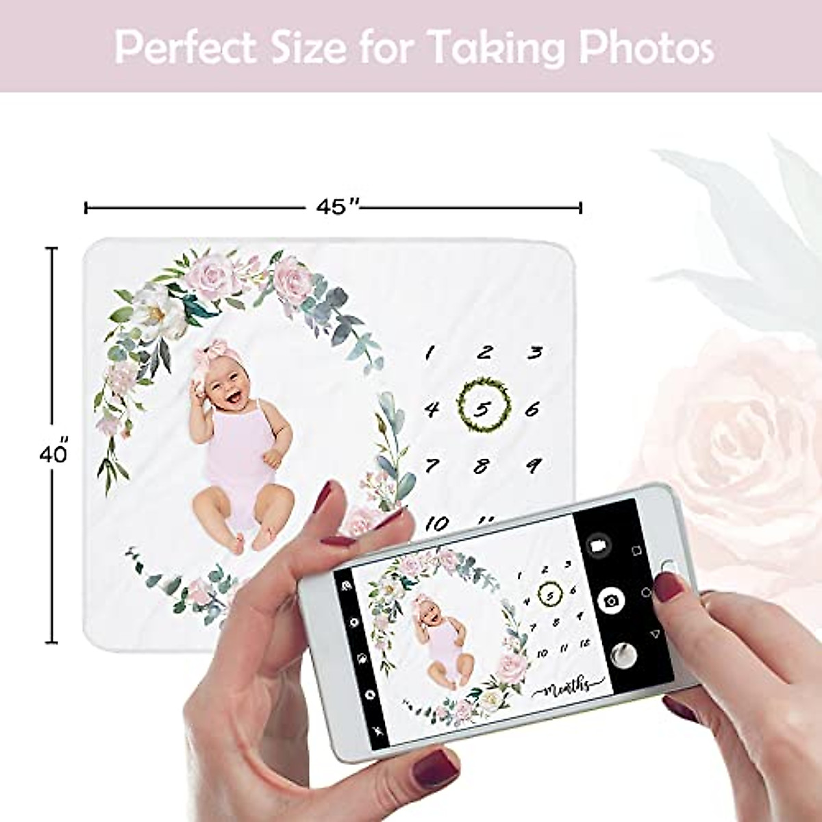 fundich Baby Milestone Blanket Girl|Newborn Monthly Milestone Blanket|Rose Nursery Decor|Baby Girl Photo Background Prop Picture Blanket 45"x40" with Wreath and Headband