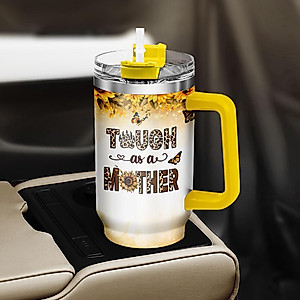 Women Yellow Stainless Coffee Momma Cups Black Butterfly Handle Glitter Steel Print For, Mama Bear Gifts, Tumbler 40 Oz With Handle Lid And Straw, Mama Bear Sunflower Leopard