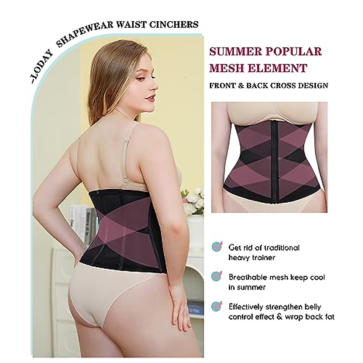 LODAY Waist Trainer for Women Breathable Mesh Crossover Waist Cincher Seamless Tummy Control Corset Shapewear Body Shaper (Black(Zipper & Hook), XX-Large)
