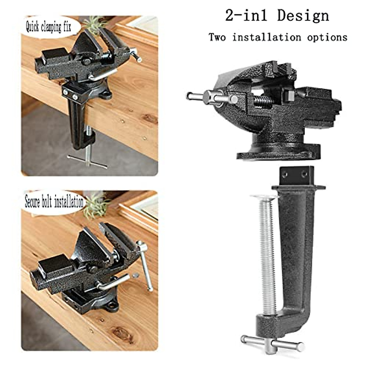 Dual-Purpose Combined Bench Vise or Table Vise, multifunctional jaw, Universal Rotate 360° Work Clamp-On Visewith Quick Adjustment, 3.3" black