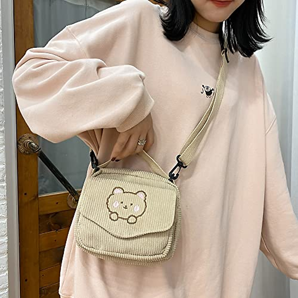 Cute Kawaii Purse Crossbody Bag Girls Kawaii Bear Corduroy Satchel Purse Cute Plush Shoulder Bag Purse Kawaii Bear Print Purse for Teen Girls Women