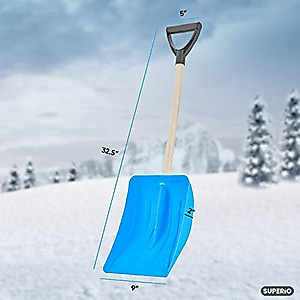 Superio Small Snow Shovel for Car Portable Snow Shovel for Driveway Snow Removal Compact Scooper Shovel Snow Pusher for Stairs 9" Heavy Duty Plastic Blade with Wood Handle 34" (2, Blue)