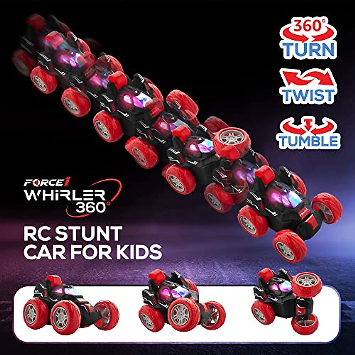 Force1 Whirler 360 Stunt Car Mini RC Car for Kids - Fast Mini Stunt 5 Wheels LEDs 360 Flips Standing Rotating Small RC 2.4 GHZ Rechargeable Remote Control Toy Vehicle for Boys Girls - Red/Black