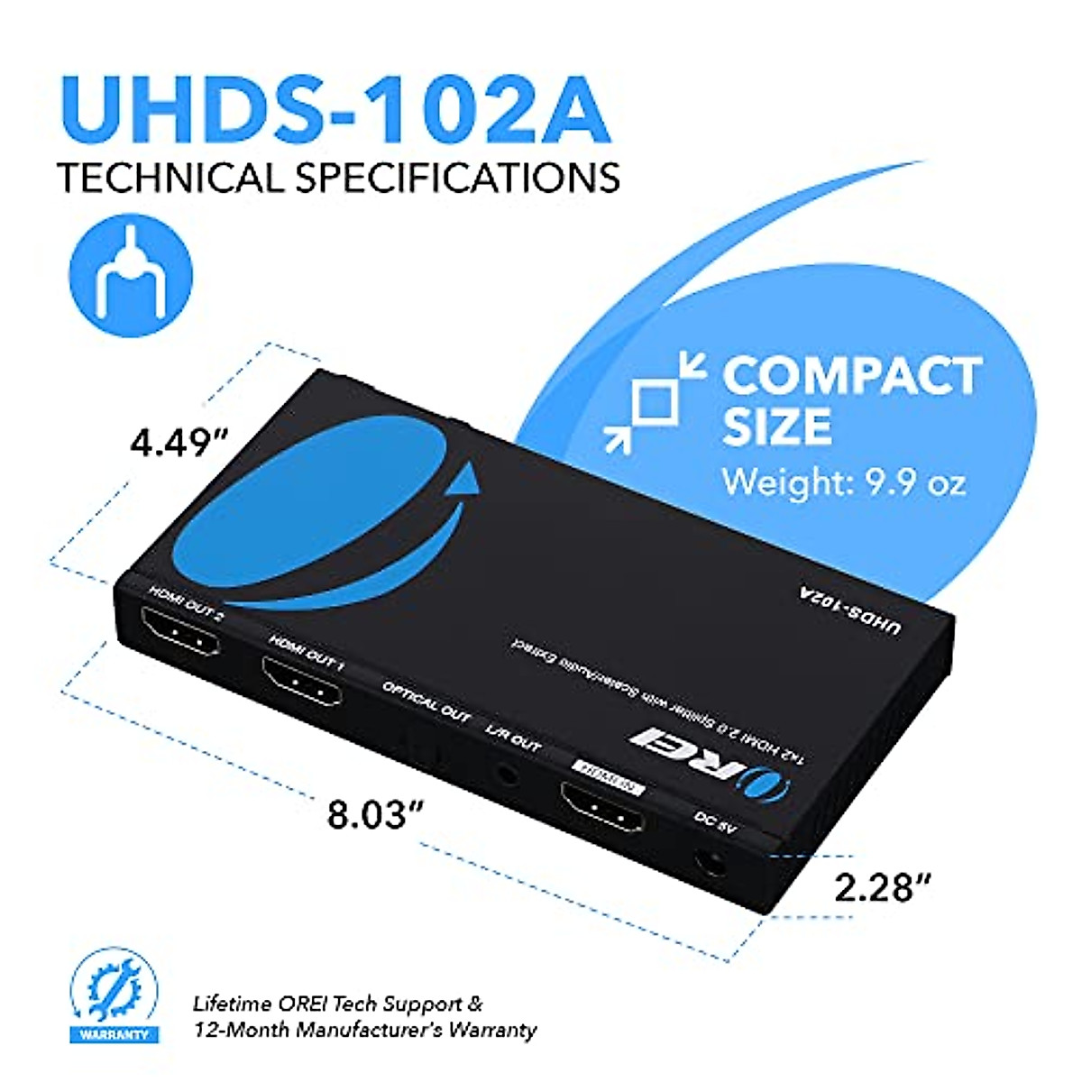 OREI 1x2 2.0 HDMI Splitter with Scaler Audio Extractor 2 Ports with Full Ultra HDCP 2.4K at 60Hz & 3D Supports EDID Control - UHDS-102A