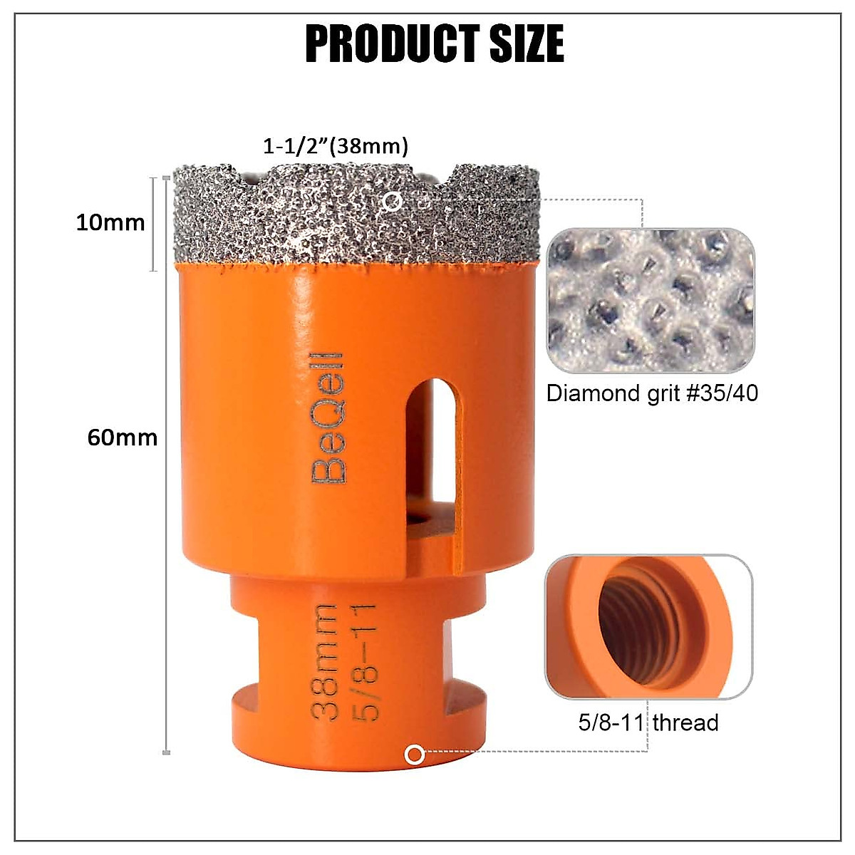 BeQell 1-1/2" Diamond Core Drill Bit 38mm 5/8-11 Thread Diamond Hole Saw for Porcelain Tile Ceramic Marble Brick Granite Drilling & 3/8" Hex Shank Adapter