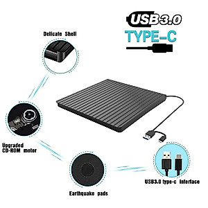 Gotega External CD/DVD Drive for Laptop USB-C & USB 3.0 CD/DVD ROM Drive Reader Writer Burner Compatible with Laptop PC MacBookMac Windows 10/8/7 Linux OS Apple