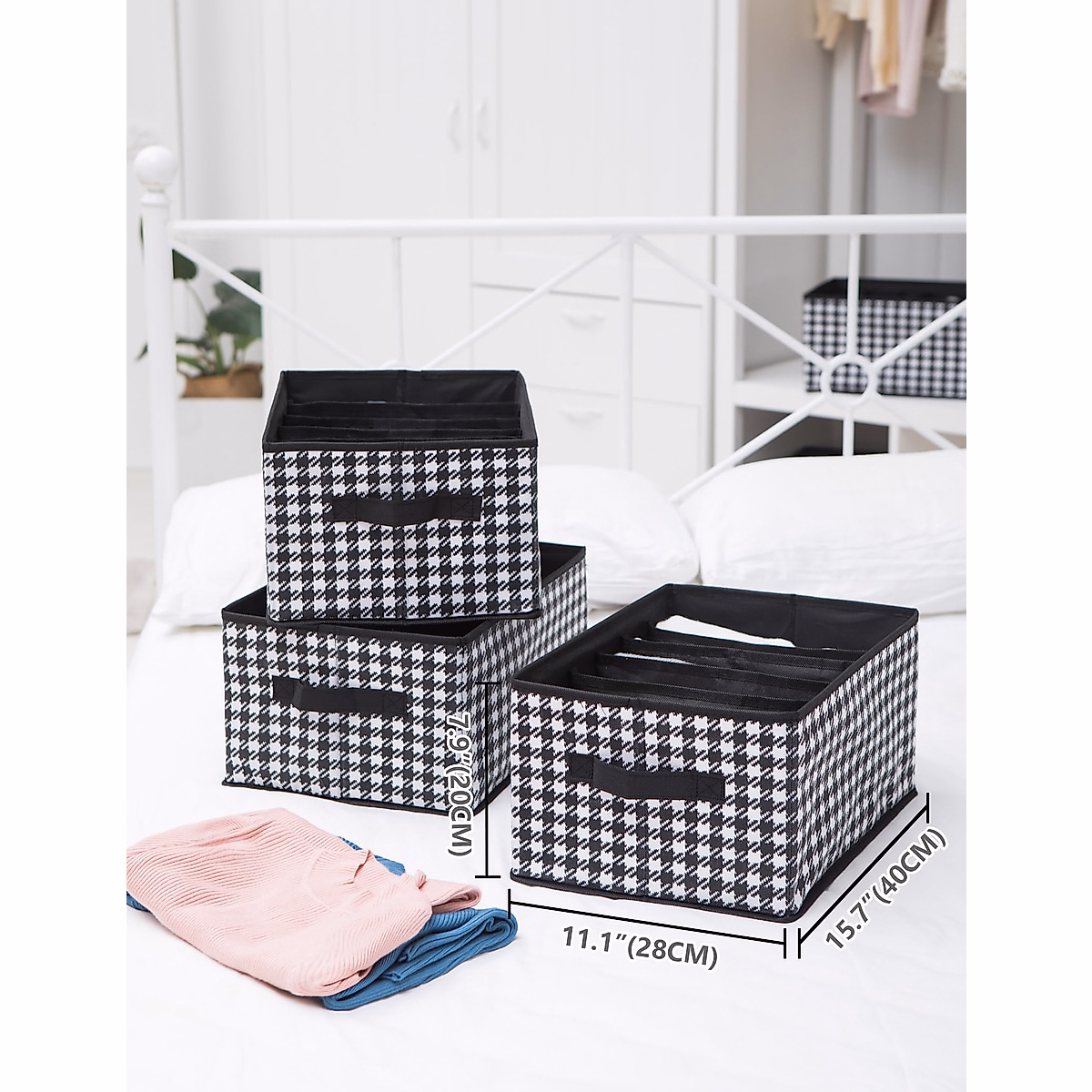 MYTHAUS 3 Pack Large Wardrobe Clothes Organizer, 6 Grid Closet Organizer for Jeans, Pants, T-Shirts, Underwear, Scarf, Foldable Fabric Drawer Organizer Storage Bin with Dual Handles, Black and White