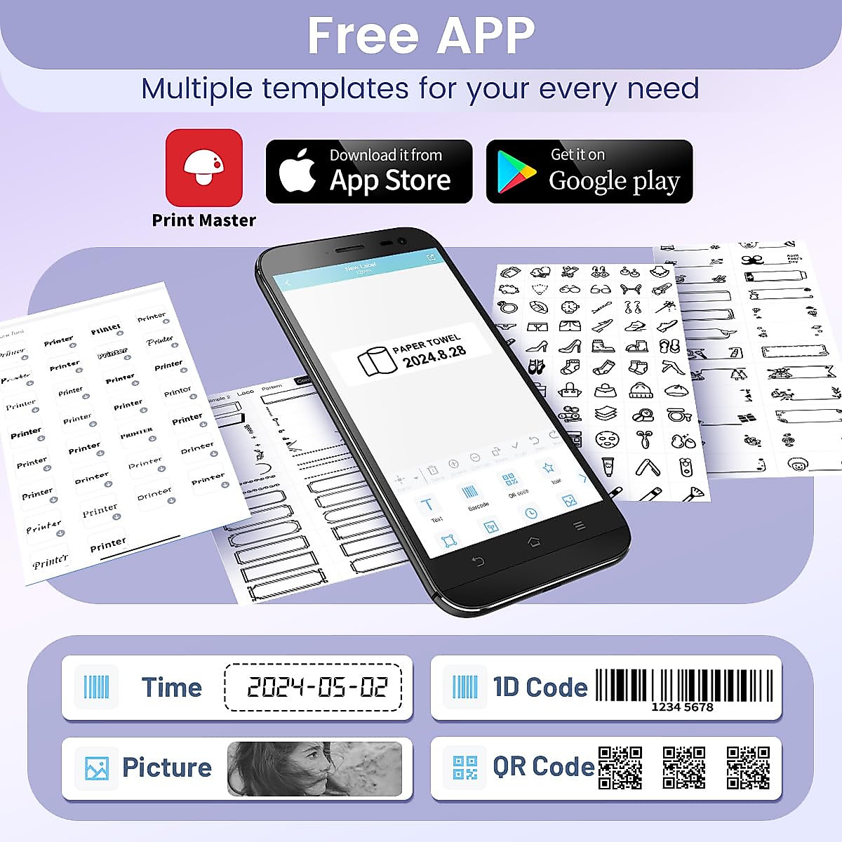 Vixic Label Maker Machine, Bluetooth Labeler, Inkless & Portable Min Label Maker, 12mm 0.47'' Labeling Tapes, Easy to Use, Multiple Icons for Home School Organizing, Rechargeable, M960 Purple