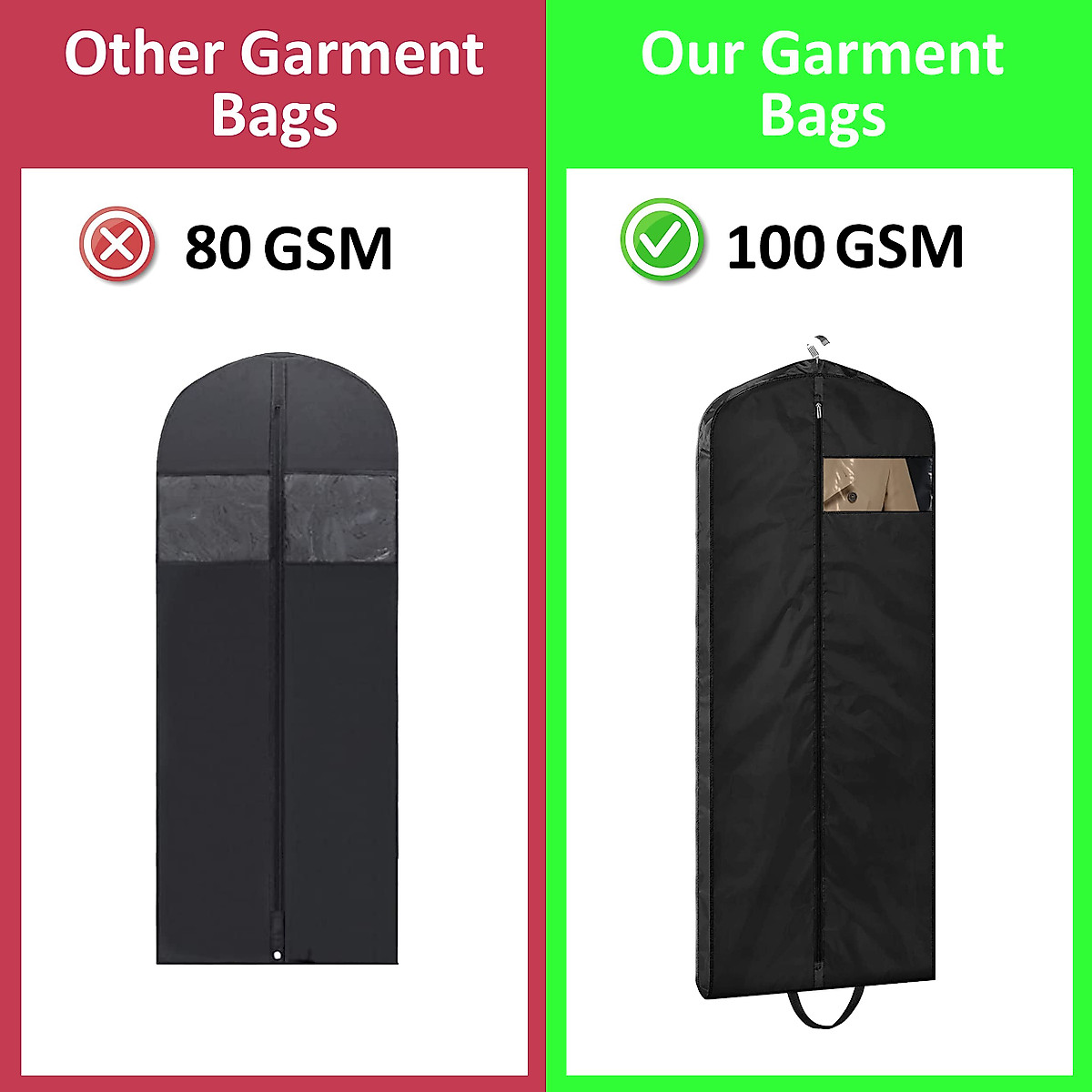 iHyperMart Long Garment Bags 65" Closet Storage Garment Bags for Travel Clothes Wardrobe Closet Bags Clothing Storage Bags Wedding Dress Cover 100GSM Waterproof Black Pack of 2 for Gowns Tuxedos Coats