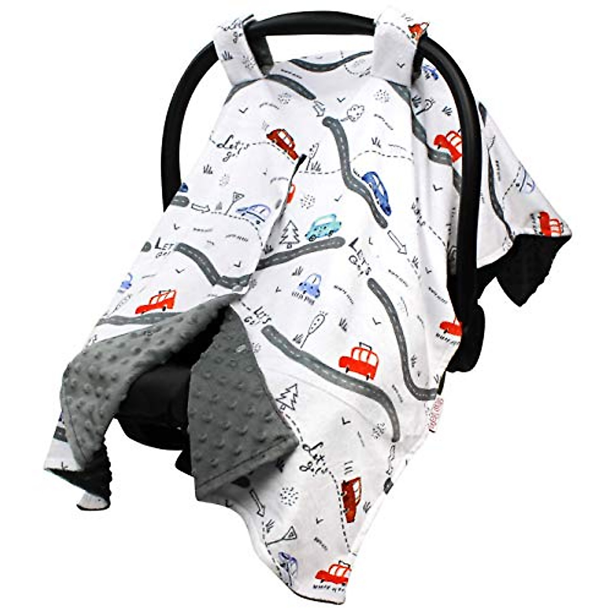 Baby Car Seat Canopy Cover - Road Trip with Grey Minky Dot
