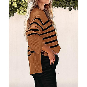 KIRUNDO Women's 2023 Fall Winter Casual Oversized Long Sleeve Striped Sweater Crew Neck Ribbed Knit Side Slit Pullover(Brown, Large)