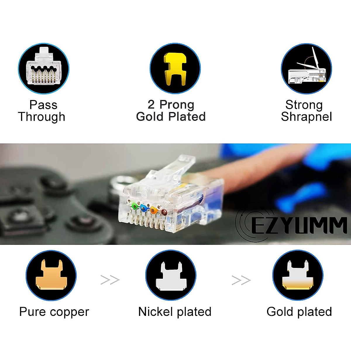 EZYUMM 100 Pieces RJ45 Cat6a Pass Through Connectors Gold Plated Cat 6a Bold Connector for Thick 23 AWG Cables