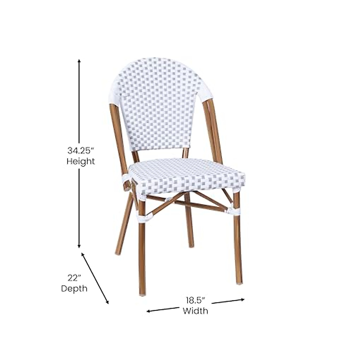 Flash Furniture Lourdes Set of 2 Indoor/Outdoor Commercial Bistro Stack Chairs - White/Gray PE Rattan Back and Seat - Natural Bamboo Print Aluminum Frame
