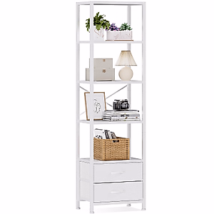 Furnulem 5-Tier Corner Shelf, Narrow Bookshelf with 2 Storage Drawers, Tall Bookcase, Standing Shelf Organizer Unit for Living Room, Bedroom, Metal Frame, Wood Display Shelf(White)