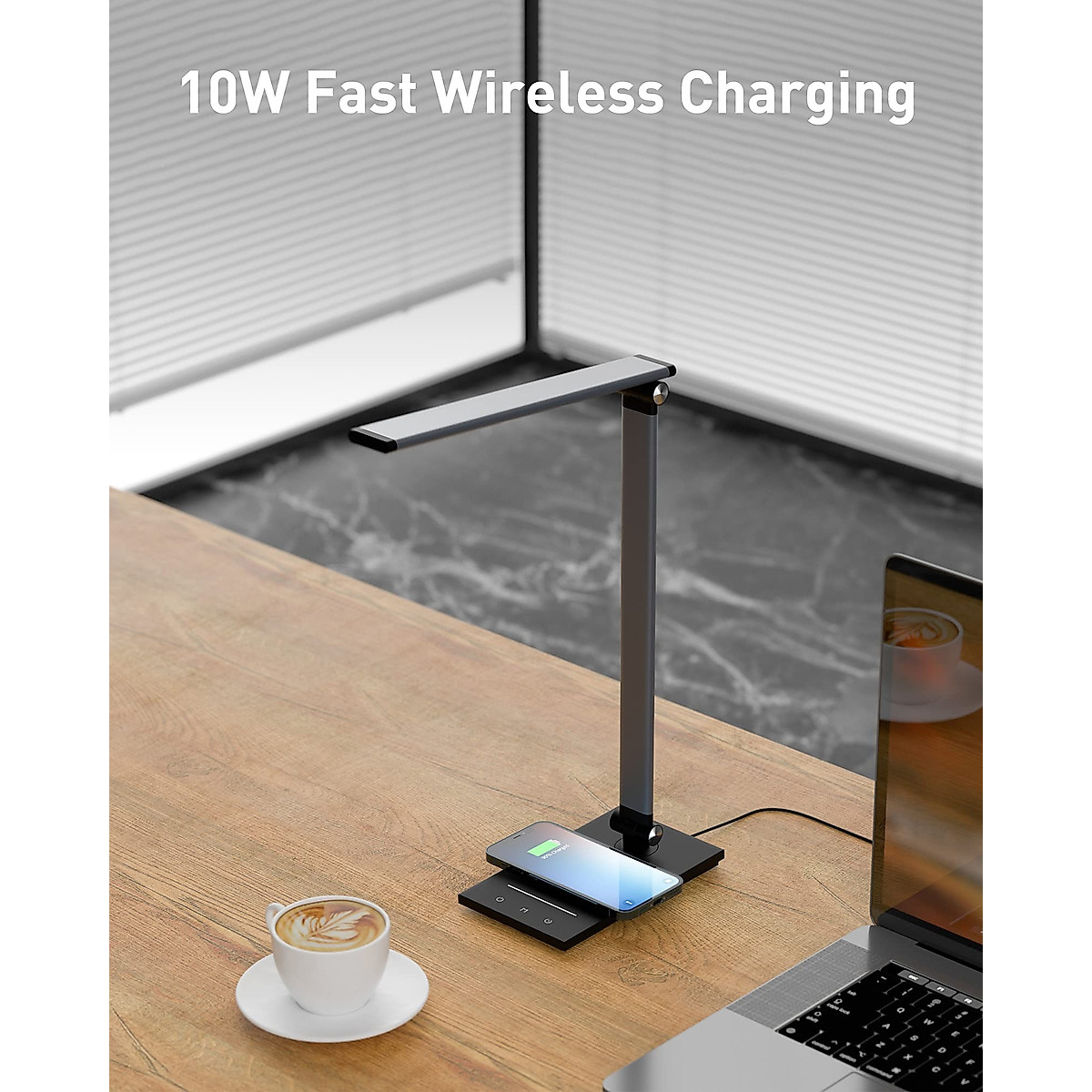 FOCASEY LED Desk Lamp with Wireless Charger,USB Charging Port,Eye-Caring Desk Lamps for Home Office,Touch Control Table Lamp with 25 Lighting Modes,Desk Light for Study,Reading,Office,Black