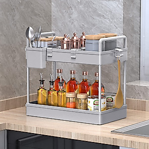 SOLEJAZZ Under Sink Organizer, Under Sink Organizers and Storage Multi-Purpose Under Cabinet Storage, 2 Tier Under Bathroom Cabinet Storage with Dividers, Hooks, Cup for Bathroom, Kitchen, Gray