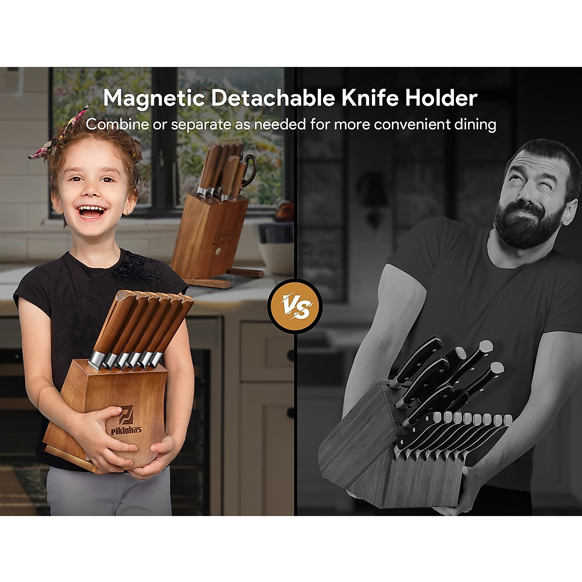 Kitchen Knife Sets With Block, Piklohas 15 Pieces Knife Sets With Magnetic Detachable Knife Holder, High Carbon Steel Damascus Pattern Chef Knife Set With Steak Knives, Ideal For House Warming Gift